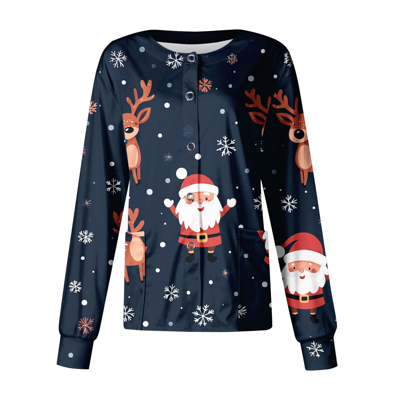 Women Christmas Scrub Jacket Button Down Santa Tree Print Long Sleeve ...