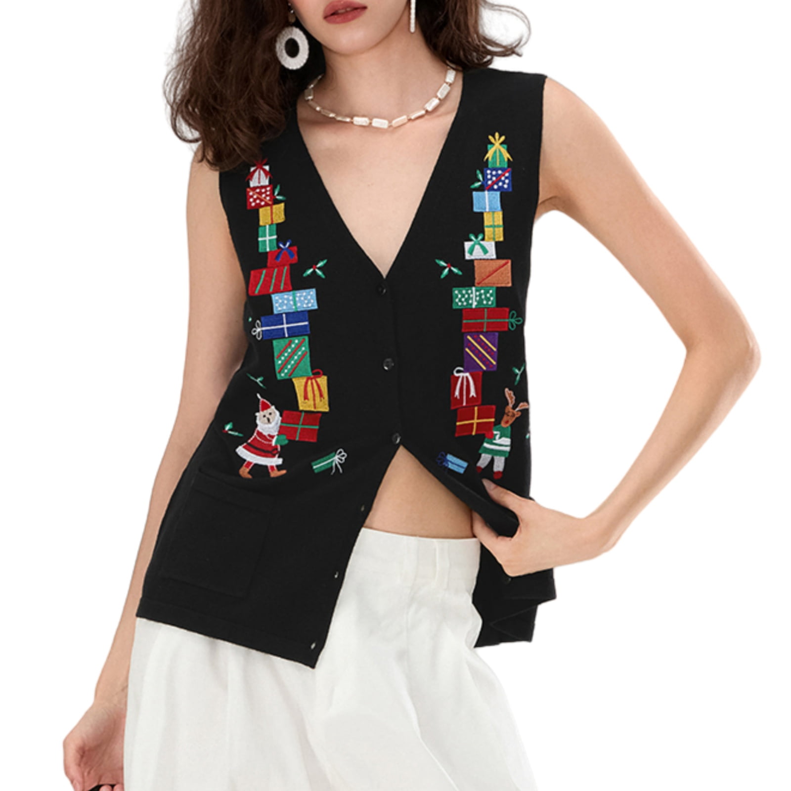 Women Christmas Sweater Vest Santa Snowman Embroidery Sleeveless Open ...