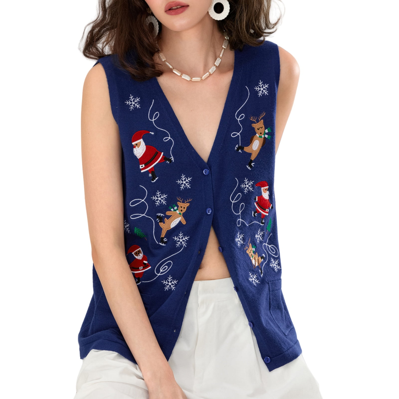 Women Christmas Sweater Vest Santa Snowman Embroidery Sleeveless Open ...