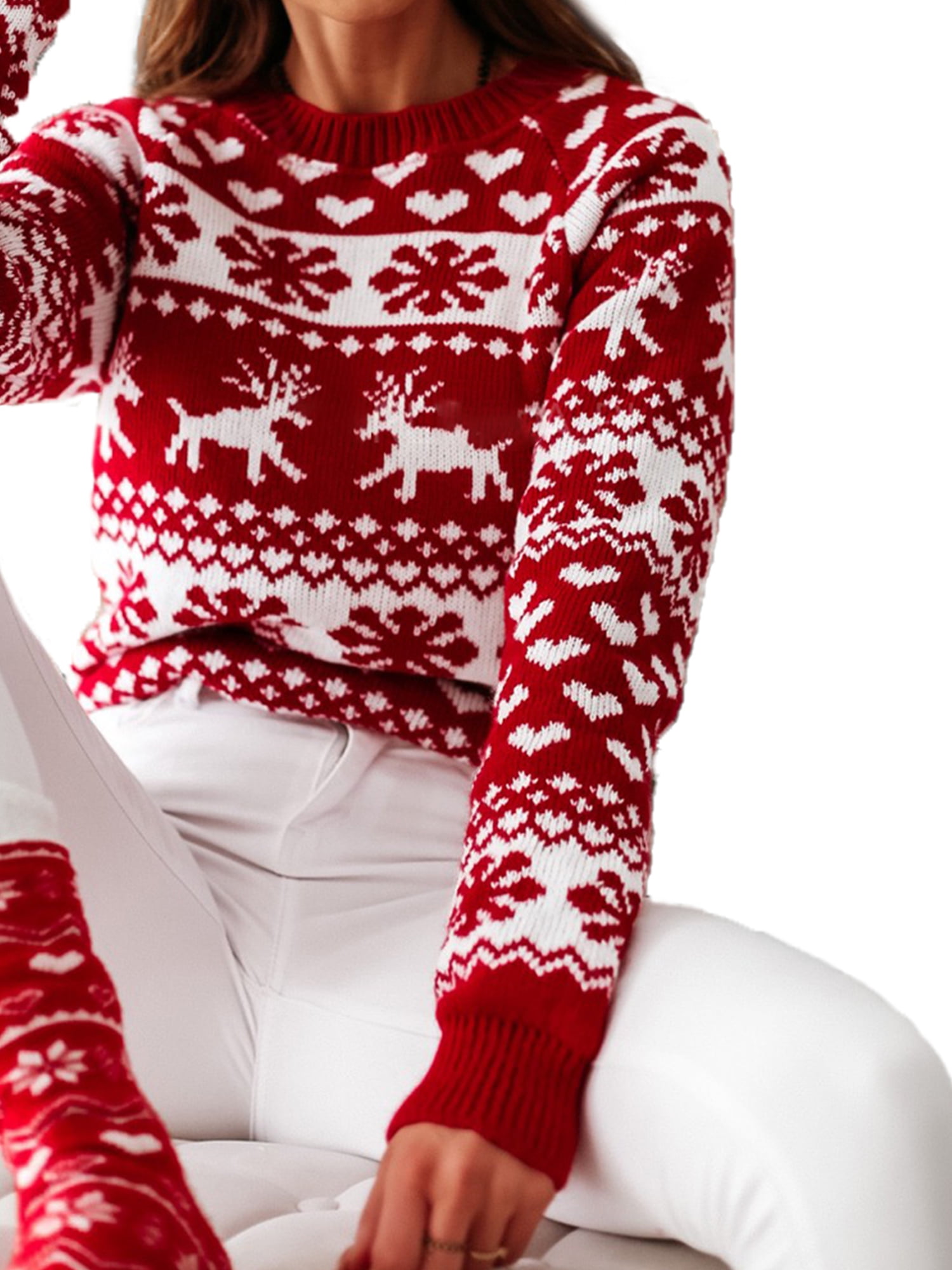Women Christmas Sweaters Long Sleeve Elk Snowflake Print Knit Tops ...
