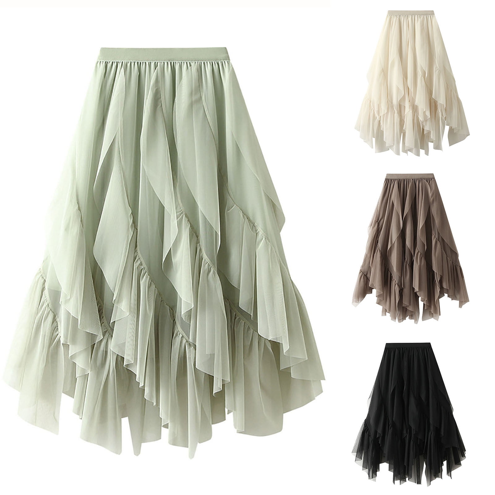 Women Clothes,Women Solid Color Irregular Mesh Skirt Ruffled High Waist ...