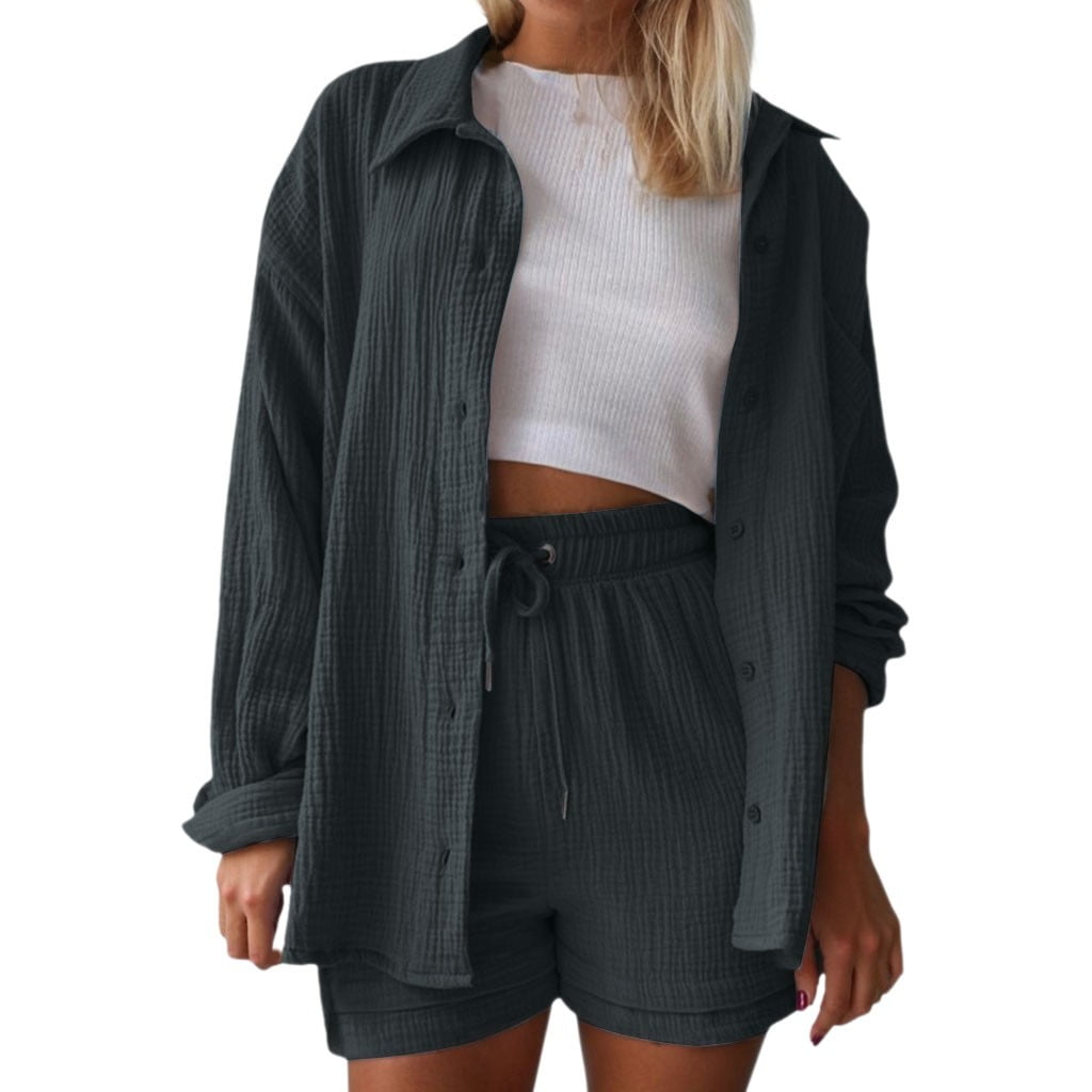 Women Clothing Set Long Sleeve Shirt and Shorts Polyester Casual Spring ...