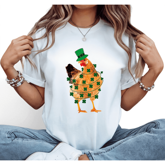 Women Clover Green Hat Chicken St Patricks Day Cotton Graphic Top Round ...