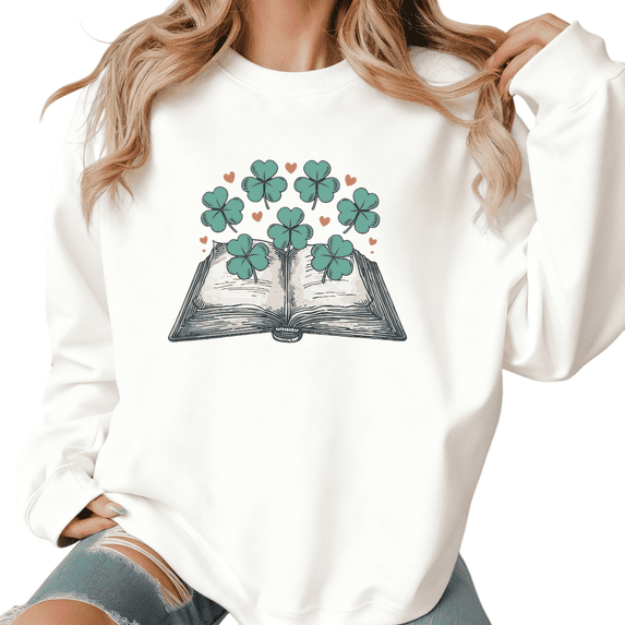 Women Clover Open Book St Patricks Day Cotton Graphic Round-neck long ...