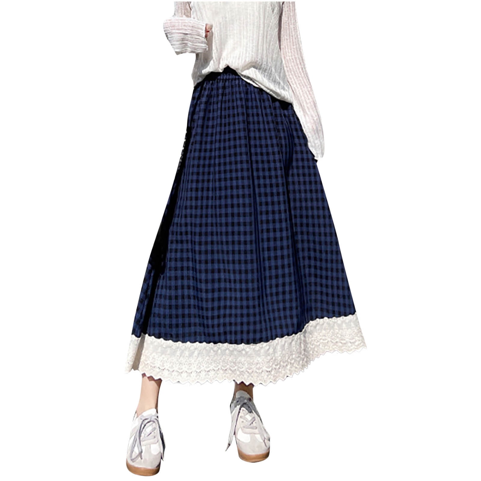 Women Color Block Gingham Elastic Waist Maxi Skirts Lace Floral ...