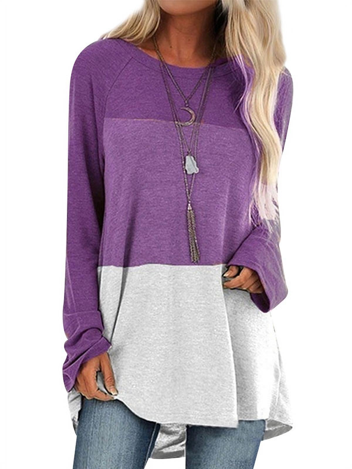 Women Colorblock Crew Neck Long Sleeve Scoop Hem Top - Walmart.com