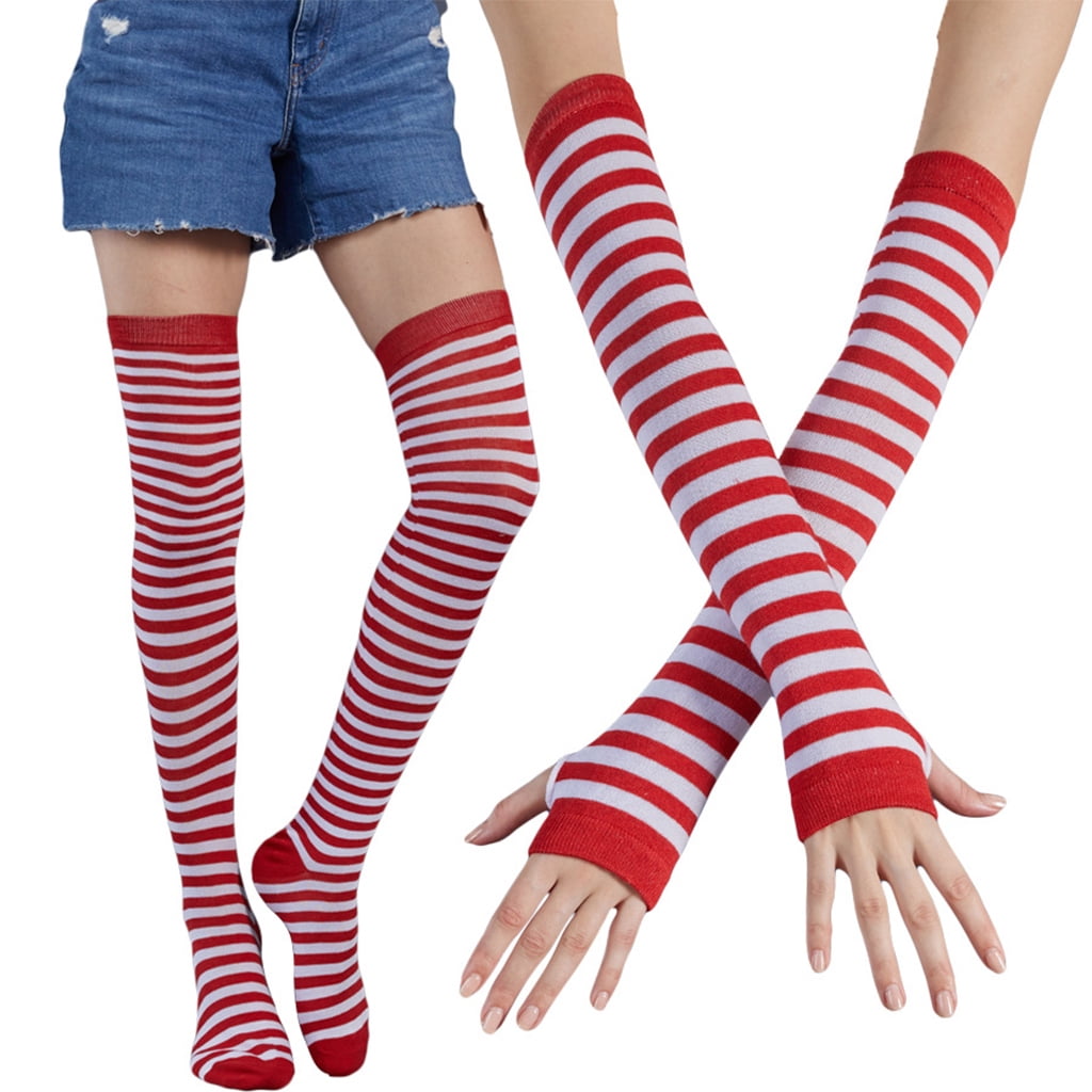 Women Colorful Striped Thigh High Socks Arm Warmers Set Knit Over Knee ...