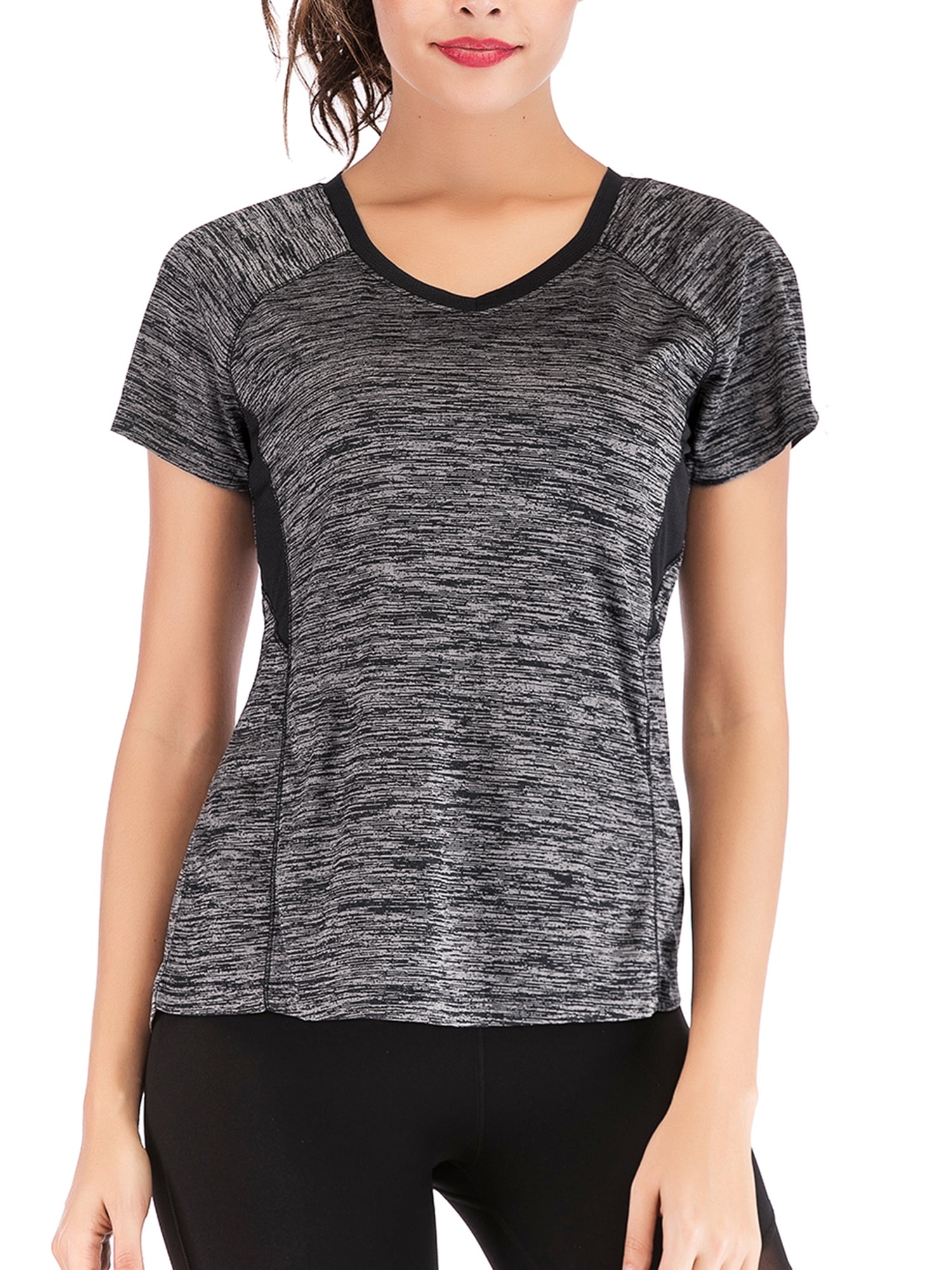 Women Compression Mesh Yoga Tops Running Workout Athletic Shirt Quick ...