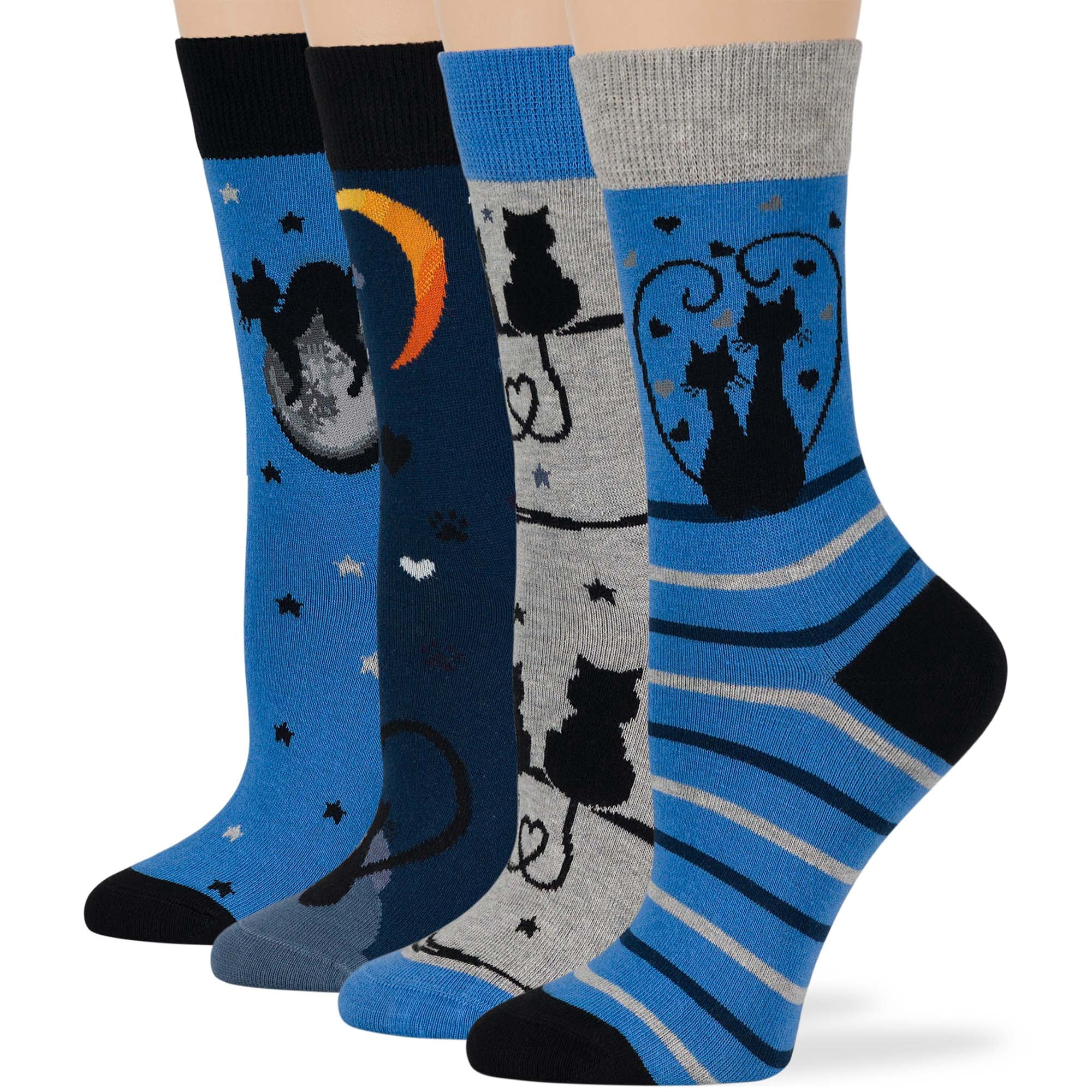 7BIGSTARS KINGDOM Women's Cotton Fun Socks - 4 Pack Large - Cat- Moon ...
