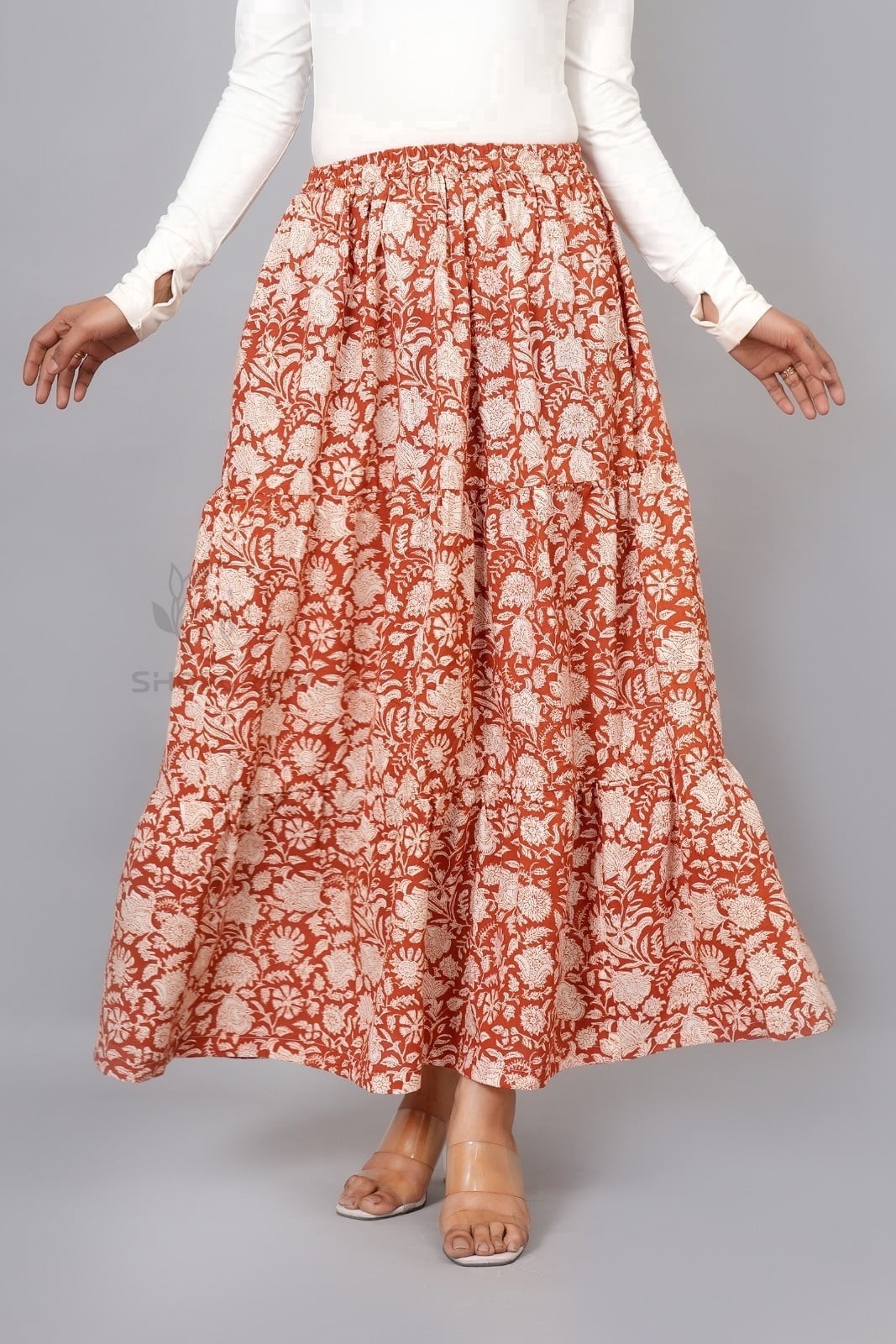 Women Cotton Floral Foliage Style Maxi Skirt with Elastic Waist, Soft ...