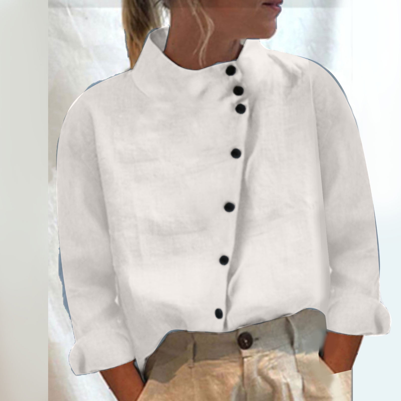 Women Cotton Linen Button Down Shirts Basic Roll Up Cuffed Sleeve Stand ...