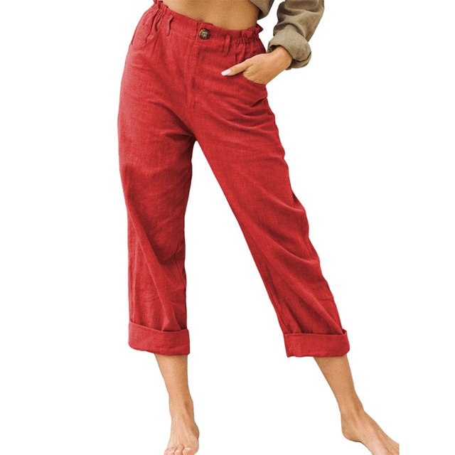 Cotton Linen Pants For Women Elastic Waist Loose Trousers Casual Summer