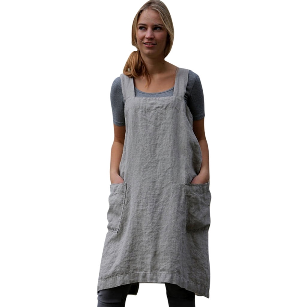 Women Cotton Linen Pinafore Square Cross Apron Garden Work Pinafore ...