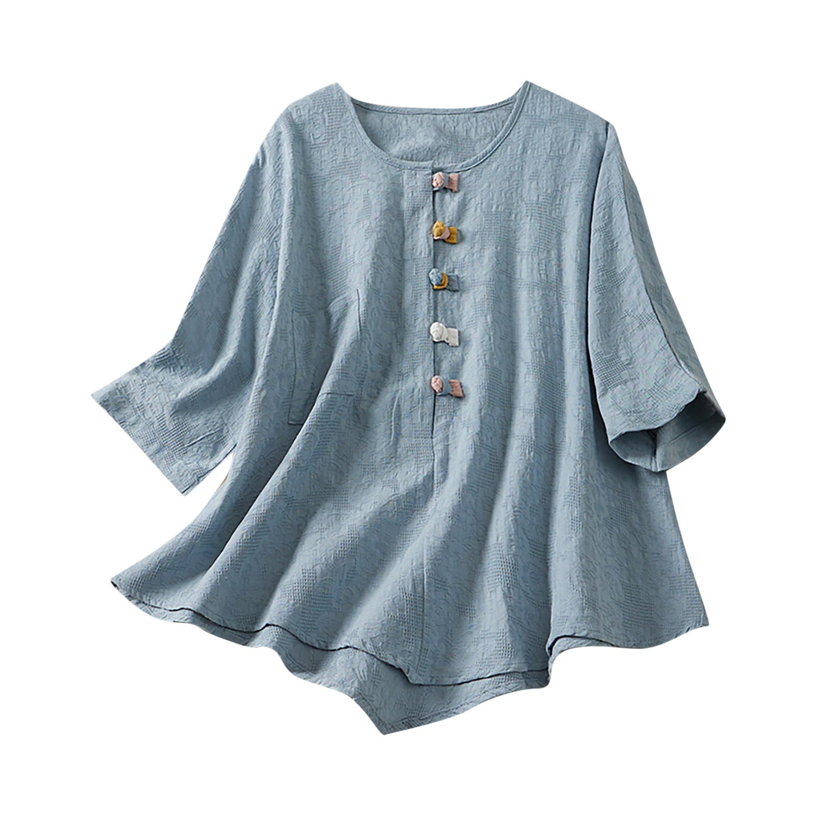 Women Cotton Linen Shirts Round Neck Button Shirt Lightweight Flowy ...