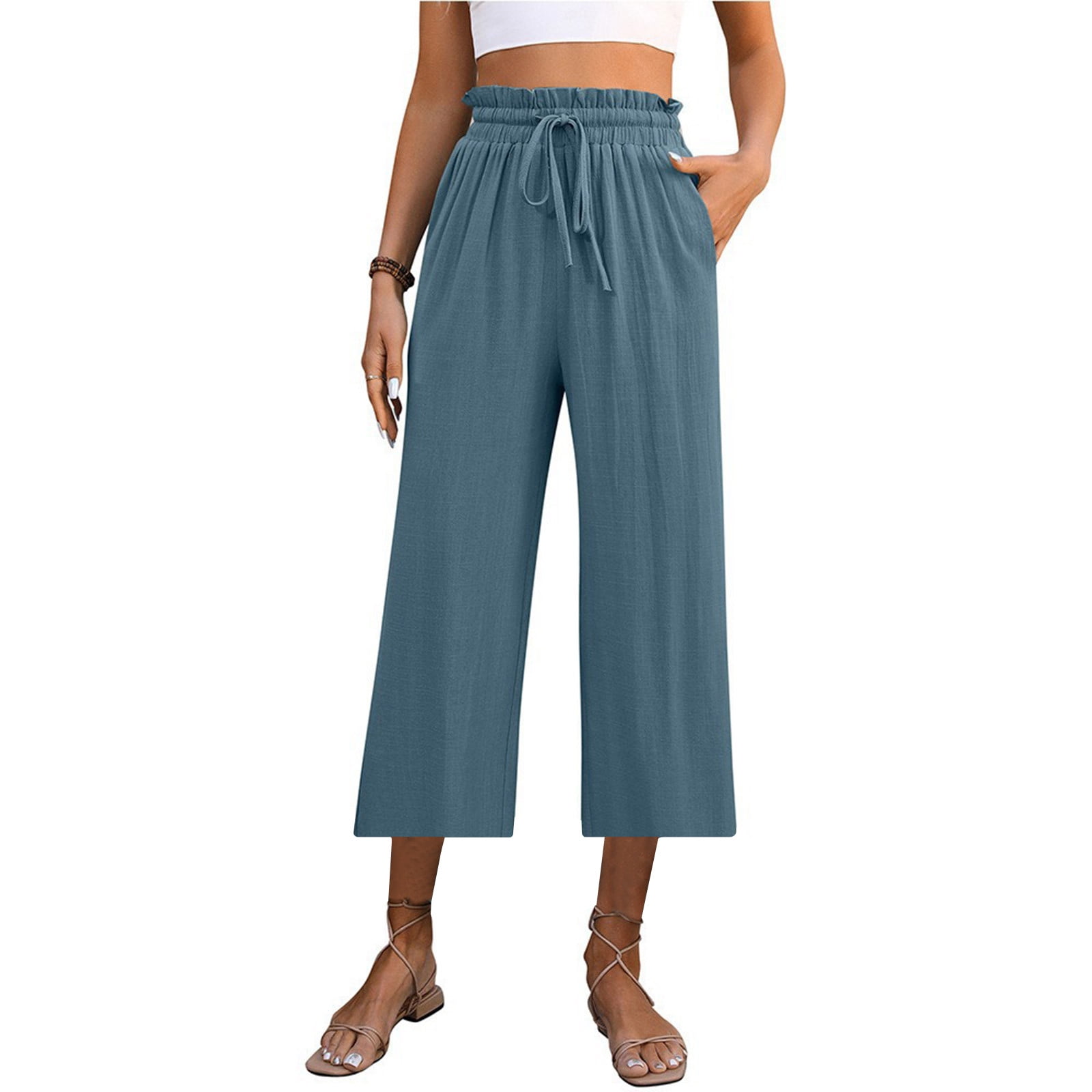 Women Cotton Linen Trouser Ladies Wide Leg Cropped Trousers with Pocket ...