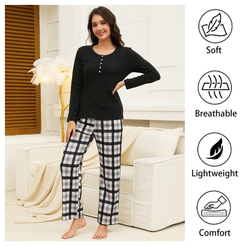 Women Cotton Pajamas Long Sleeve Set with Plaid Long Pants Button Down ...