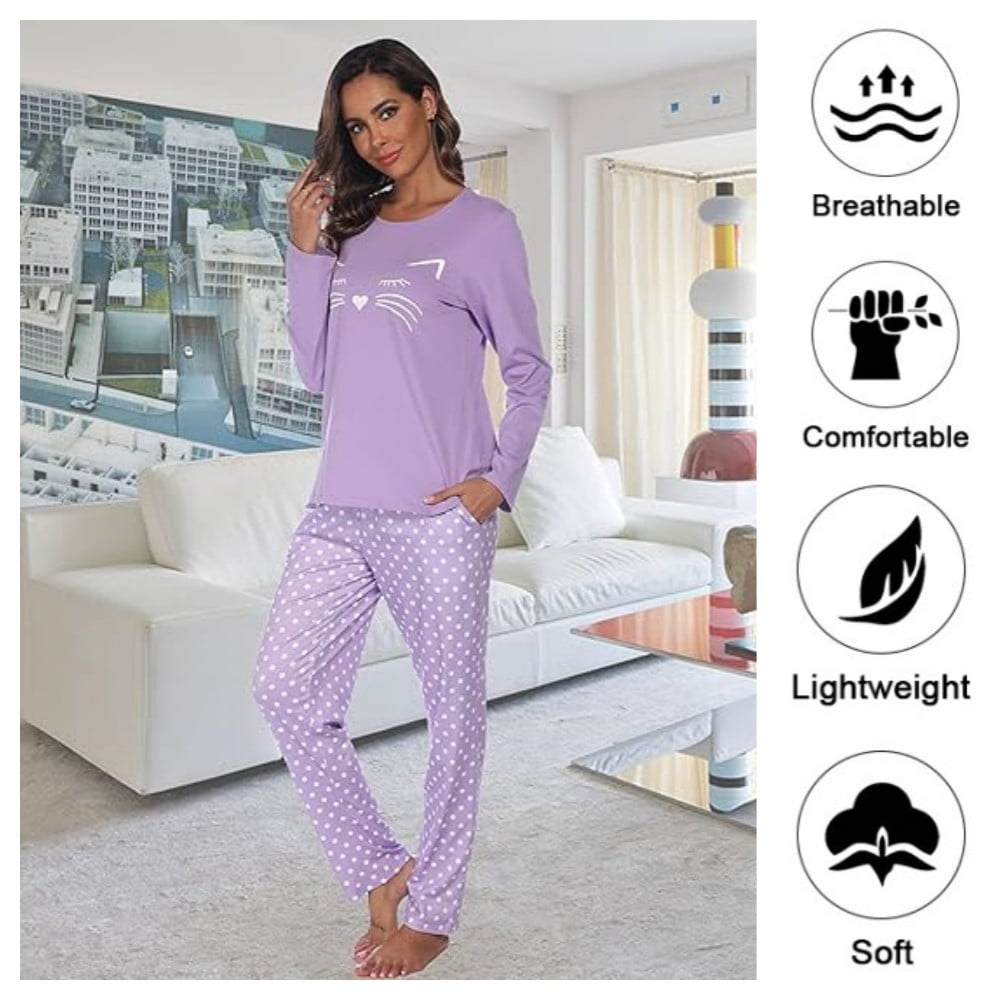 Women Cotton Pajamas Set Long Sleeve and Pants Pajamas for Women Cute ...