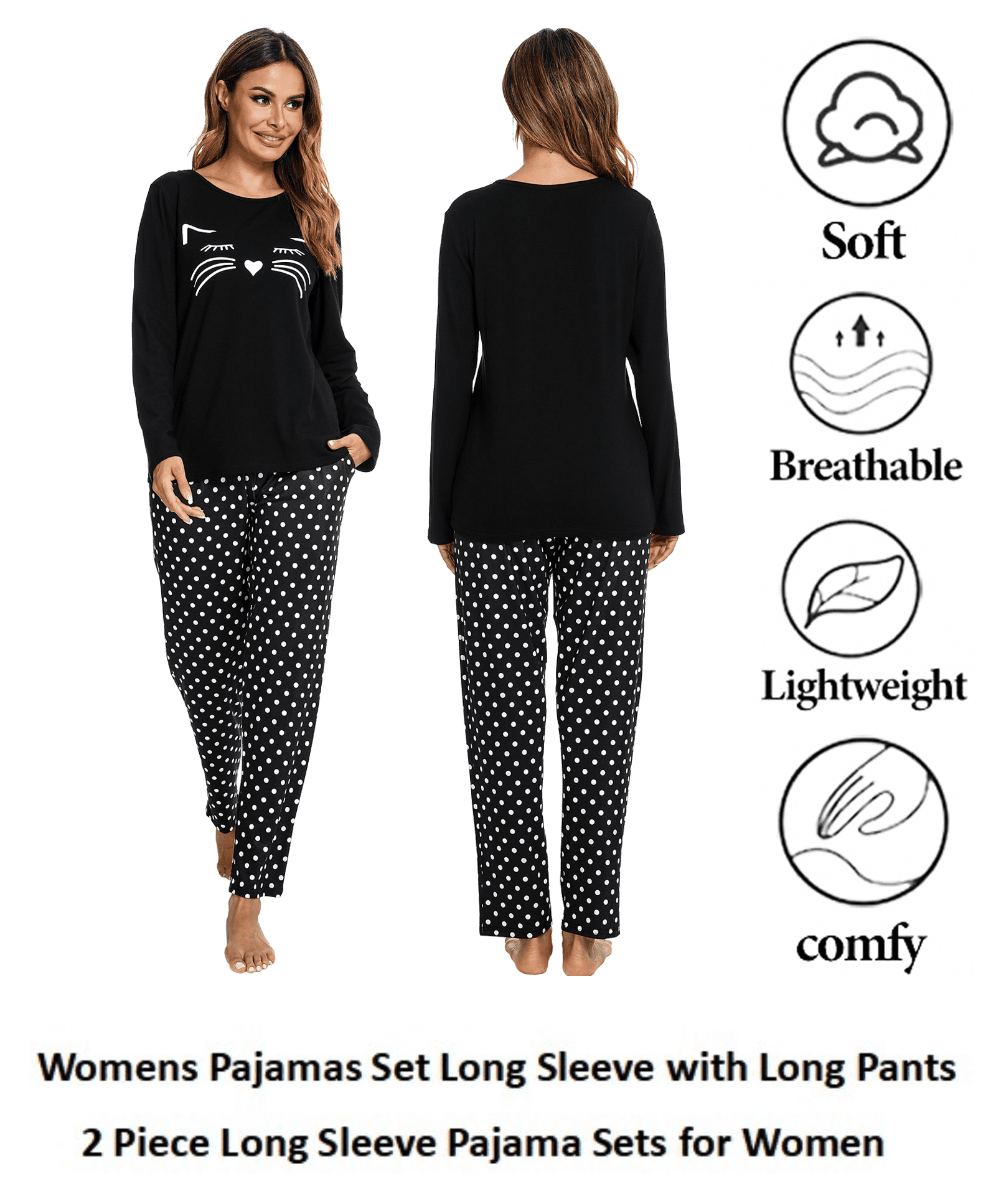 Women Cotton Pajamas Set Long Sleeve and Pants Pajamas for Women Cute ...