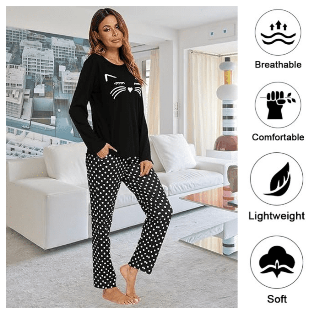 Women Cotton Pajamas Set Long Sleeve and Pants Pajamas for Women Cute ...