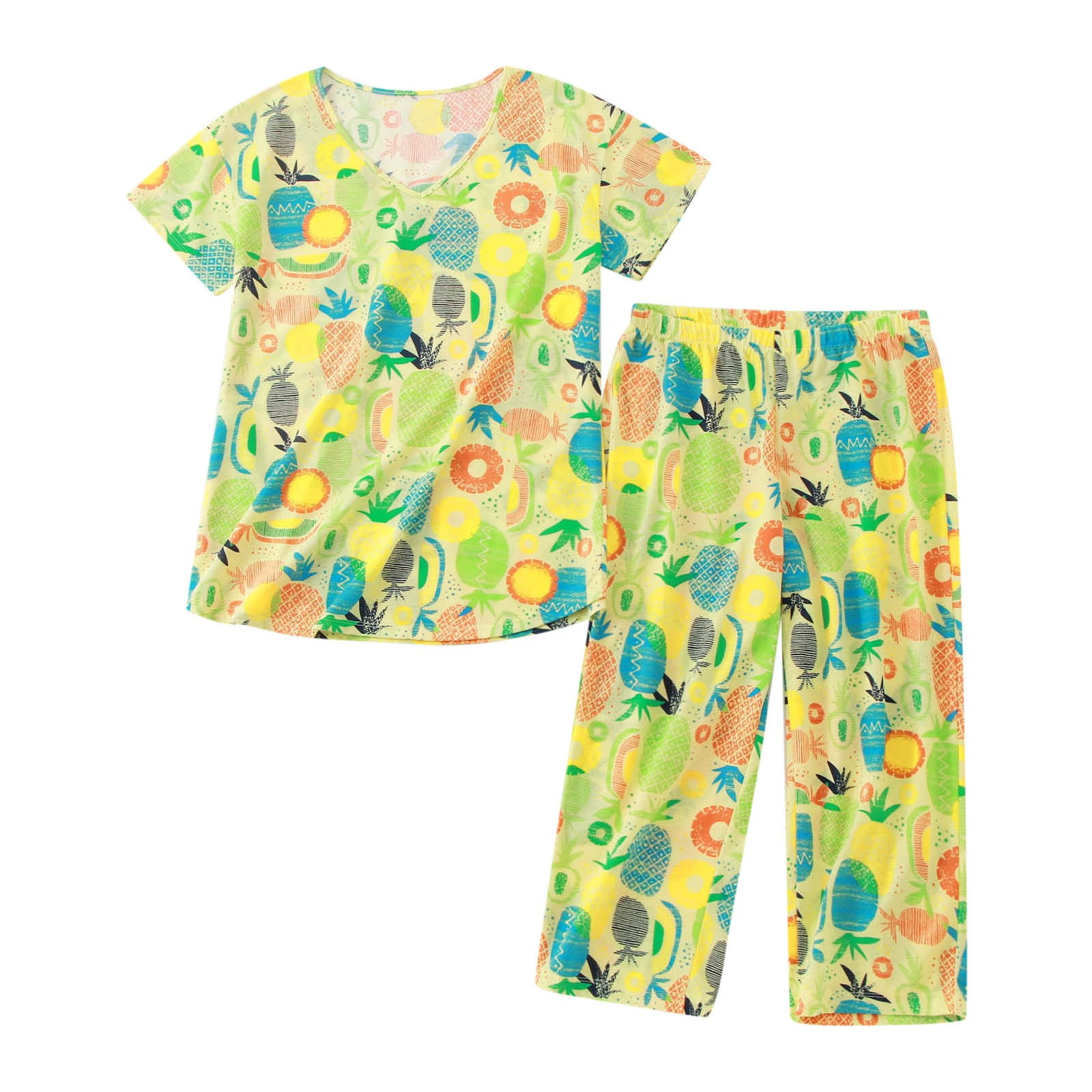 Women Cotton Pajamas Set Short Sleeve Top Capri Pants Sleepwear Plus ...