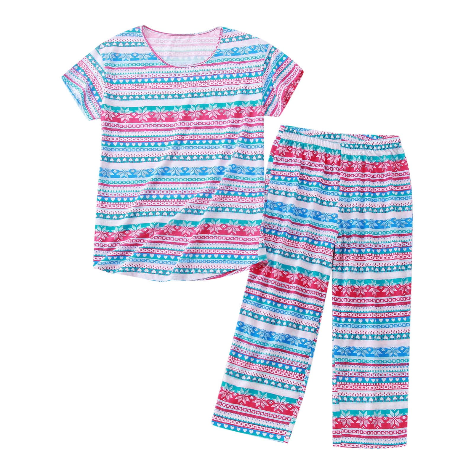 Women Cotton Pajamas Set Short Sleeve Top Capri Pants Sleepwear Plus ...