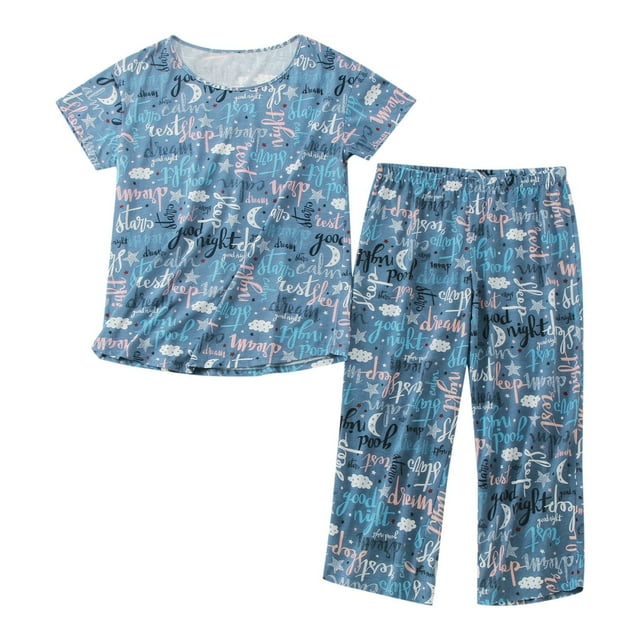 Women Cotton Pajamas Set Short Sleeve Top Capri Pants Sleepwear Plus ...