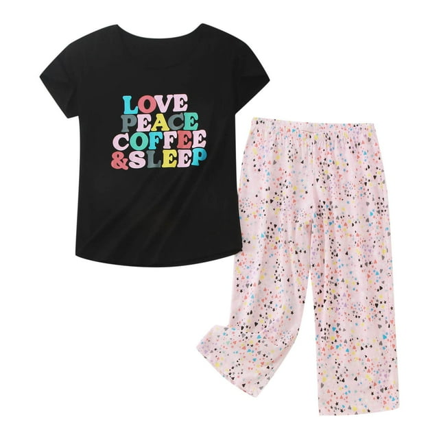 Women Cotton Pajamas Set Short Sleeve Top Capri Pants Sleepwear Plus ...