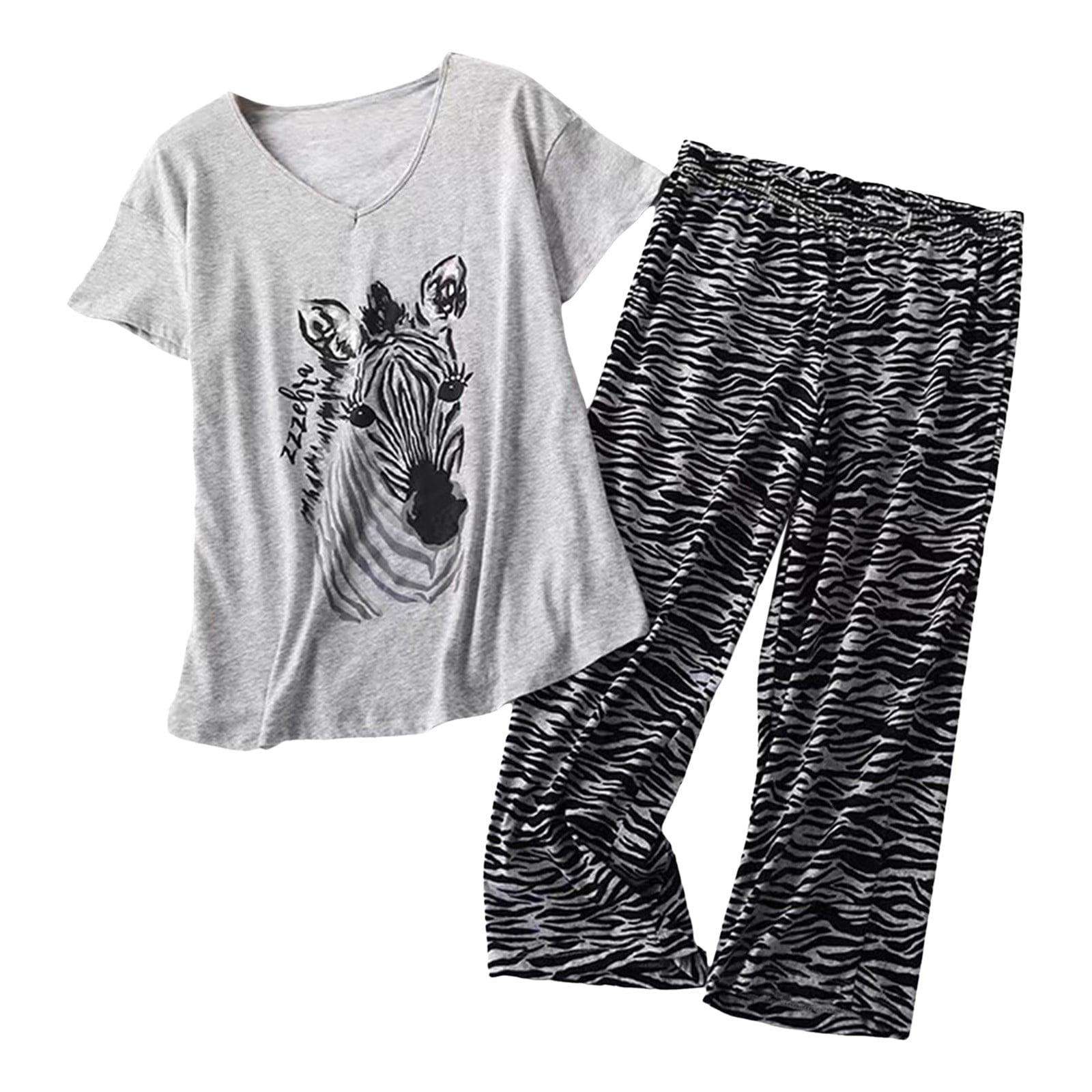 Women Cotton Pajamas Set Short Sleeve Top + Elastic Waist Capri Pants ...