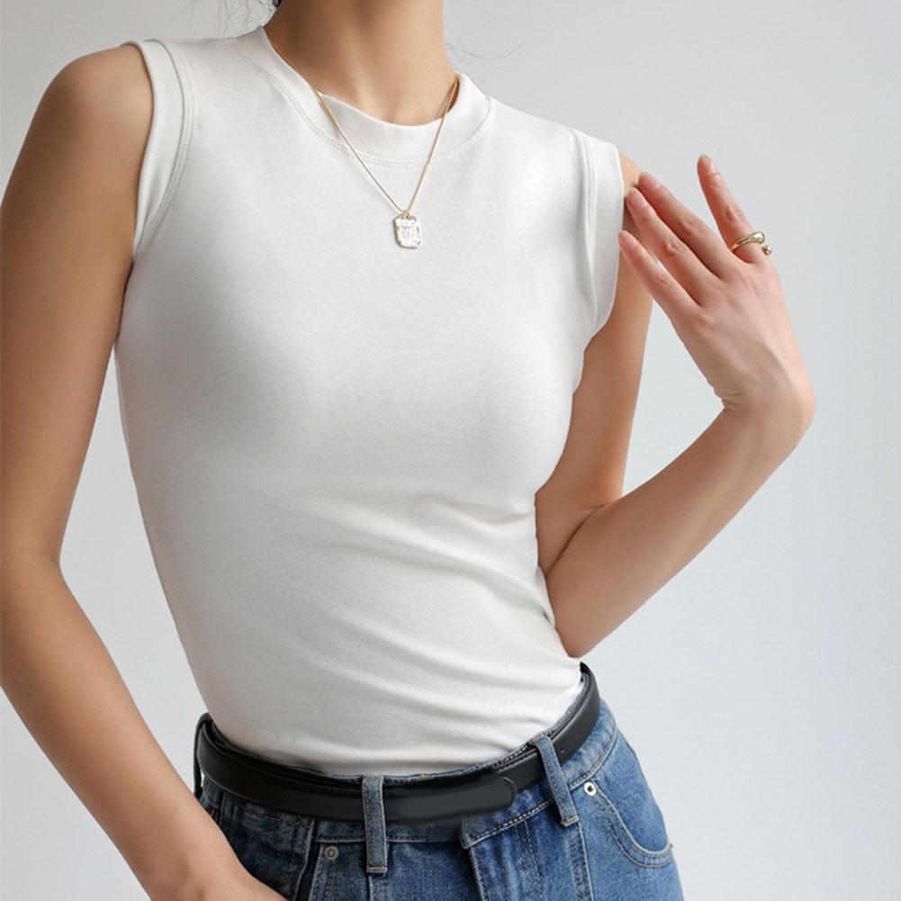 Women Cotton Round Neck Camisole Vest Basic Sleeveless Undershirt Tops ...
