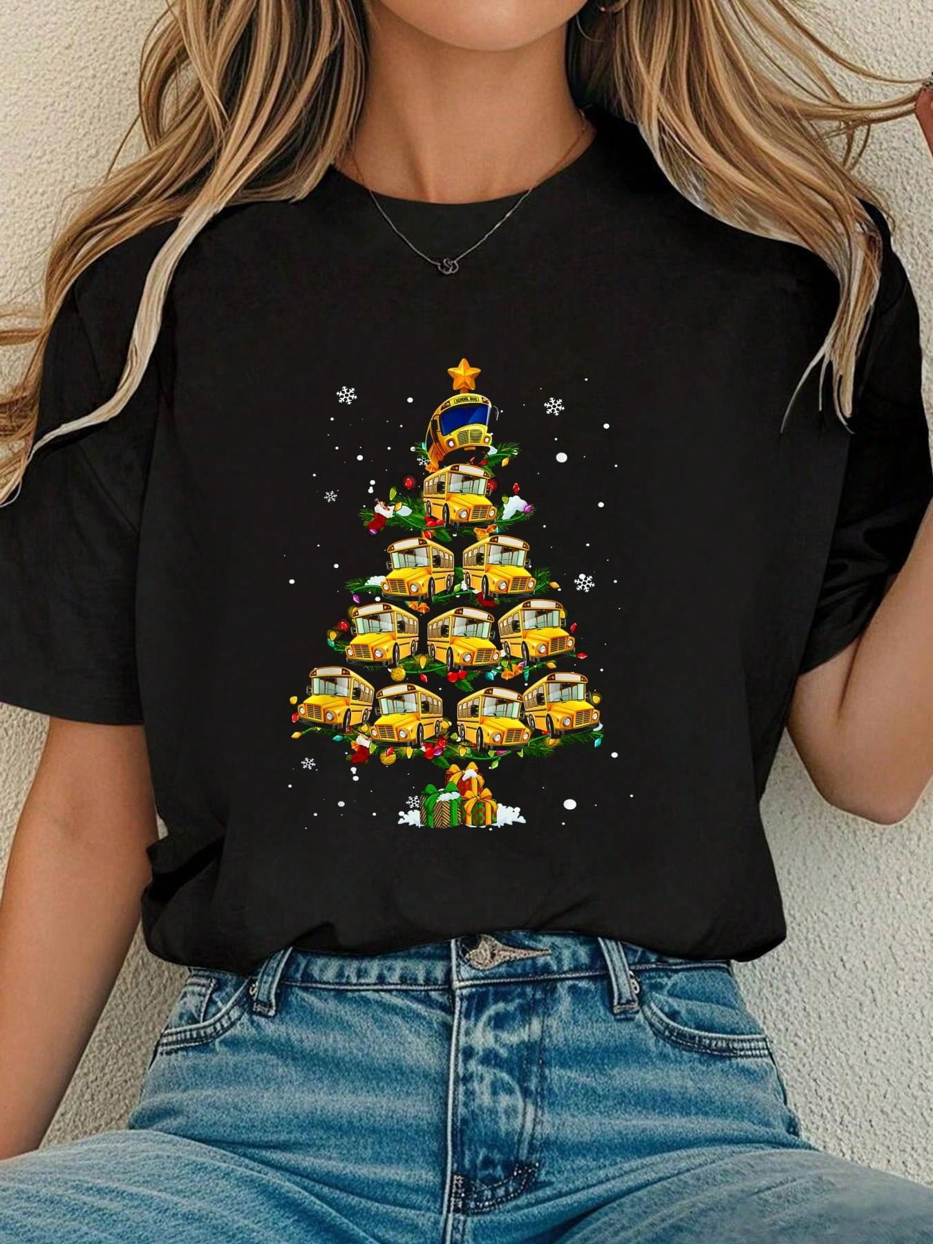 Women Cotton Tshirt School Bus Christmas Tree Funny Santa Bus Driver ...