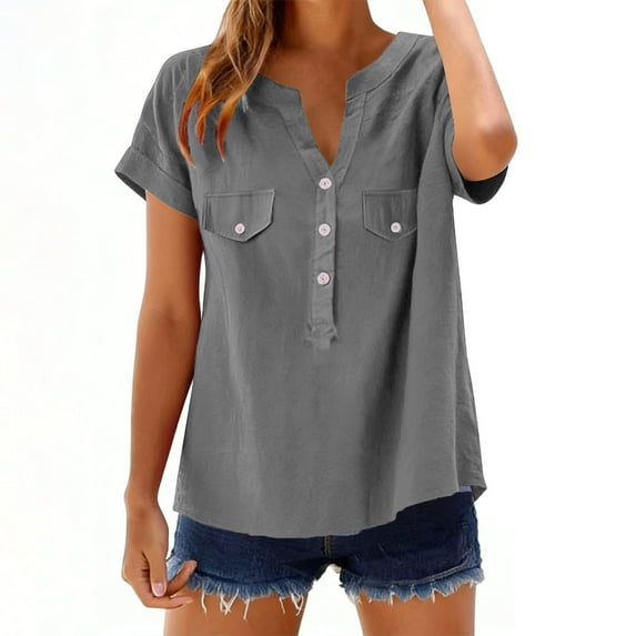 Women Cotton linen Short Sleeve Tops Half Button Jumper Shirt V Neck ...