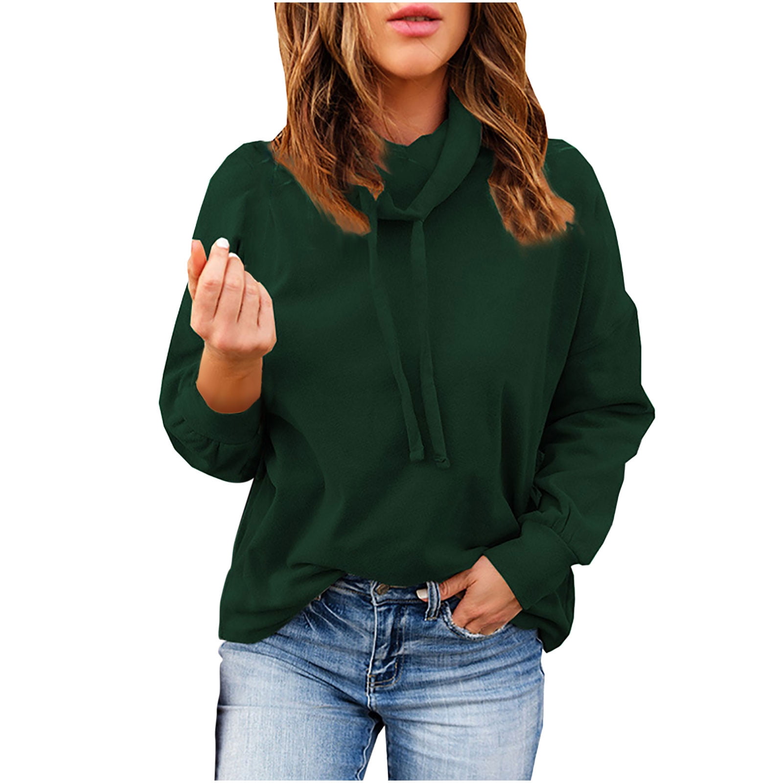 Women Cowl Neck Casual Tunic Sweatshirts Drawstring Long Sleeve Solid ...