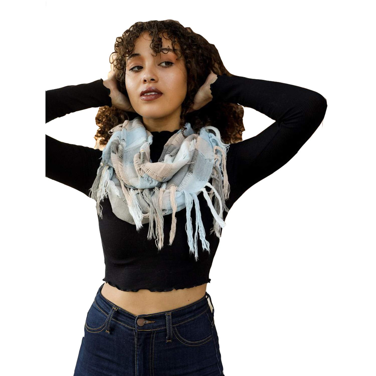 Women Cozy Knit Infinity Scarf With Loose Gingham Tassel Drop Elegant ...