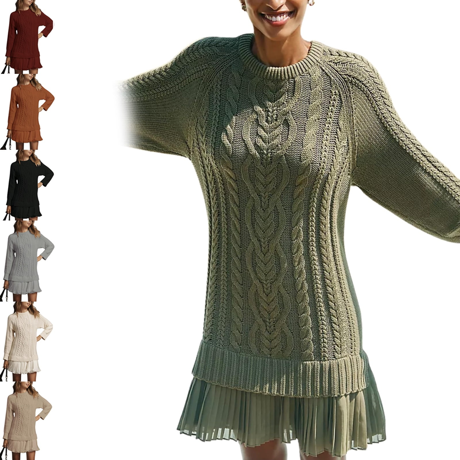 Women Crewneck Cable Knit Sweater Mini Dress, Crewneck Long Sleeve ...