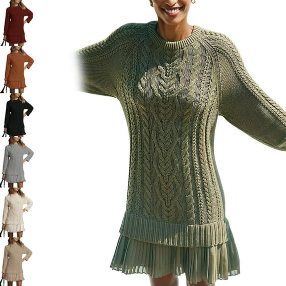 Women Crewneck Cable Knit Sweater Mini Dress, Crewneck Long Sleeve ...