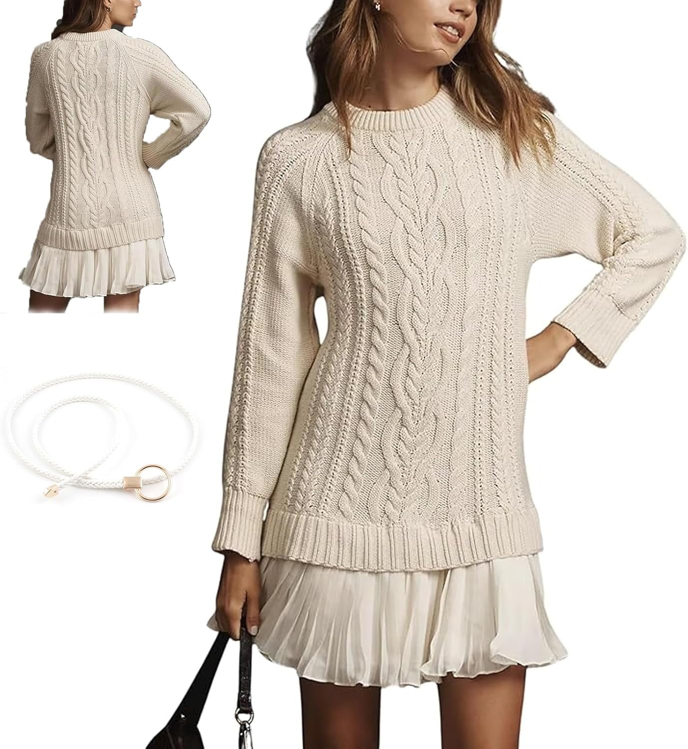Women Crewneck Cable Knit Sweater Mini Dress, Pleated Twofer Sweater Dress with Skirt - Walmart.com