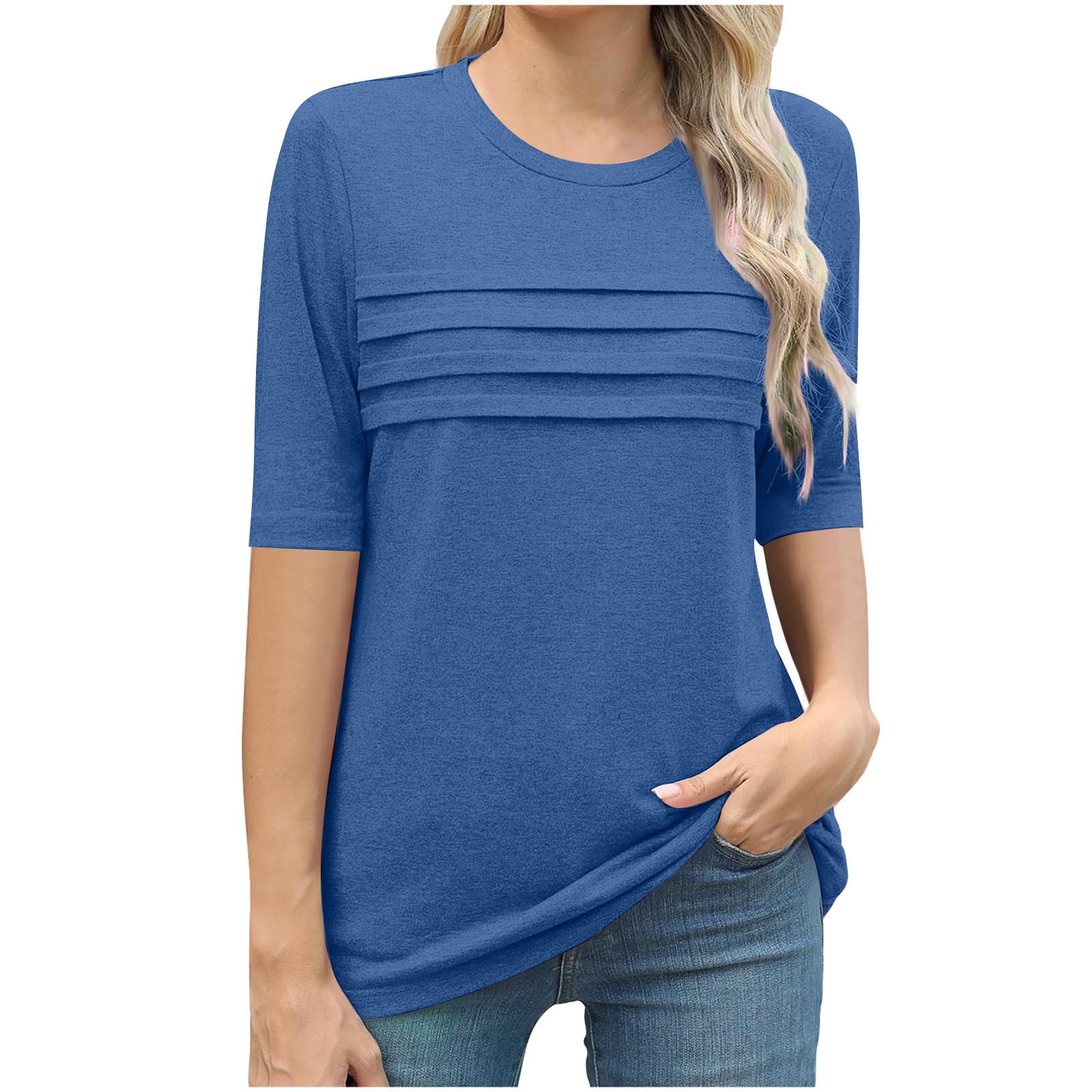 Women Crewneck T-shirts Spring Summer Half Sleeve Base Tees Pleated ...