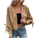Women Crochet Cropped Sweater Open Front Long Sleeve Cable Knit ...