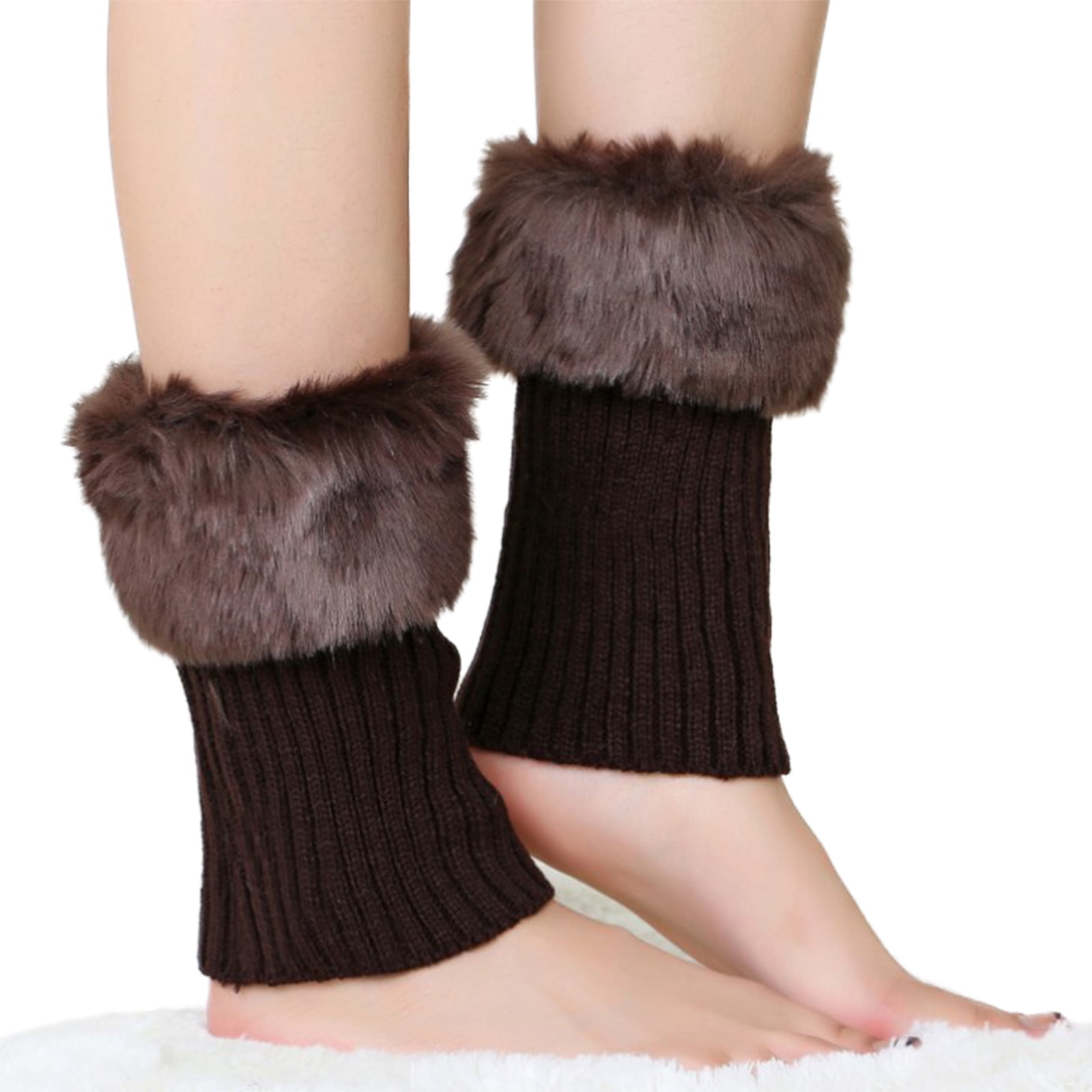 Women Crochet Knit Faux Fur Trim Leg Warmers Short Furry Fuzzy Leg ...