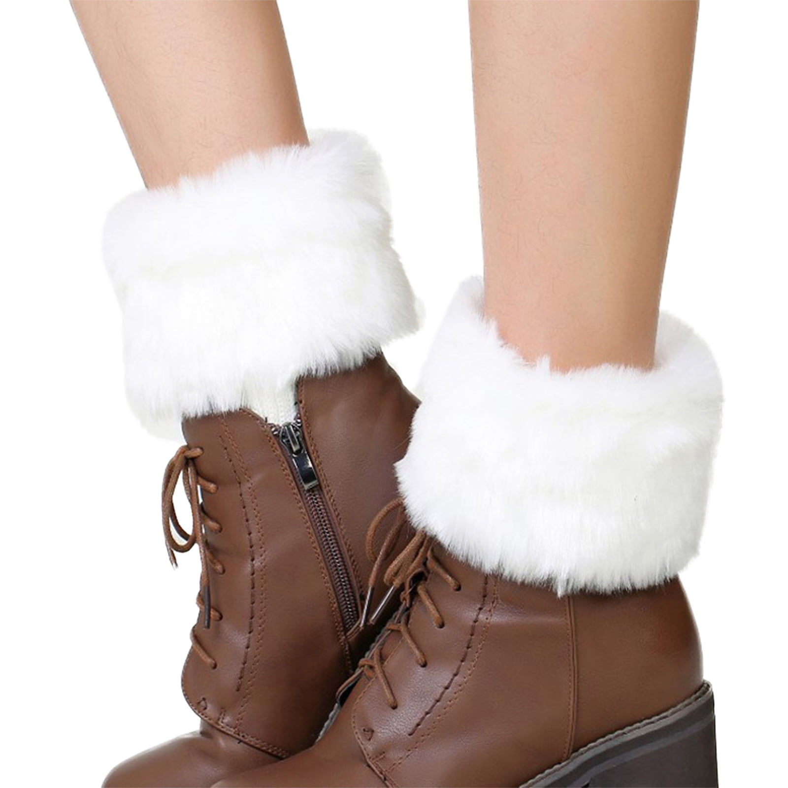 Women Crochet Knit Faux Fur Trim Leg Warmers Short Furry Fuzzy Leg ...