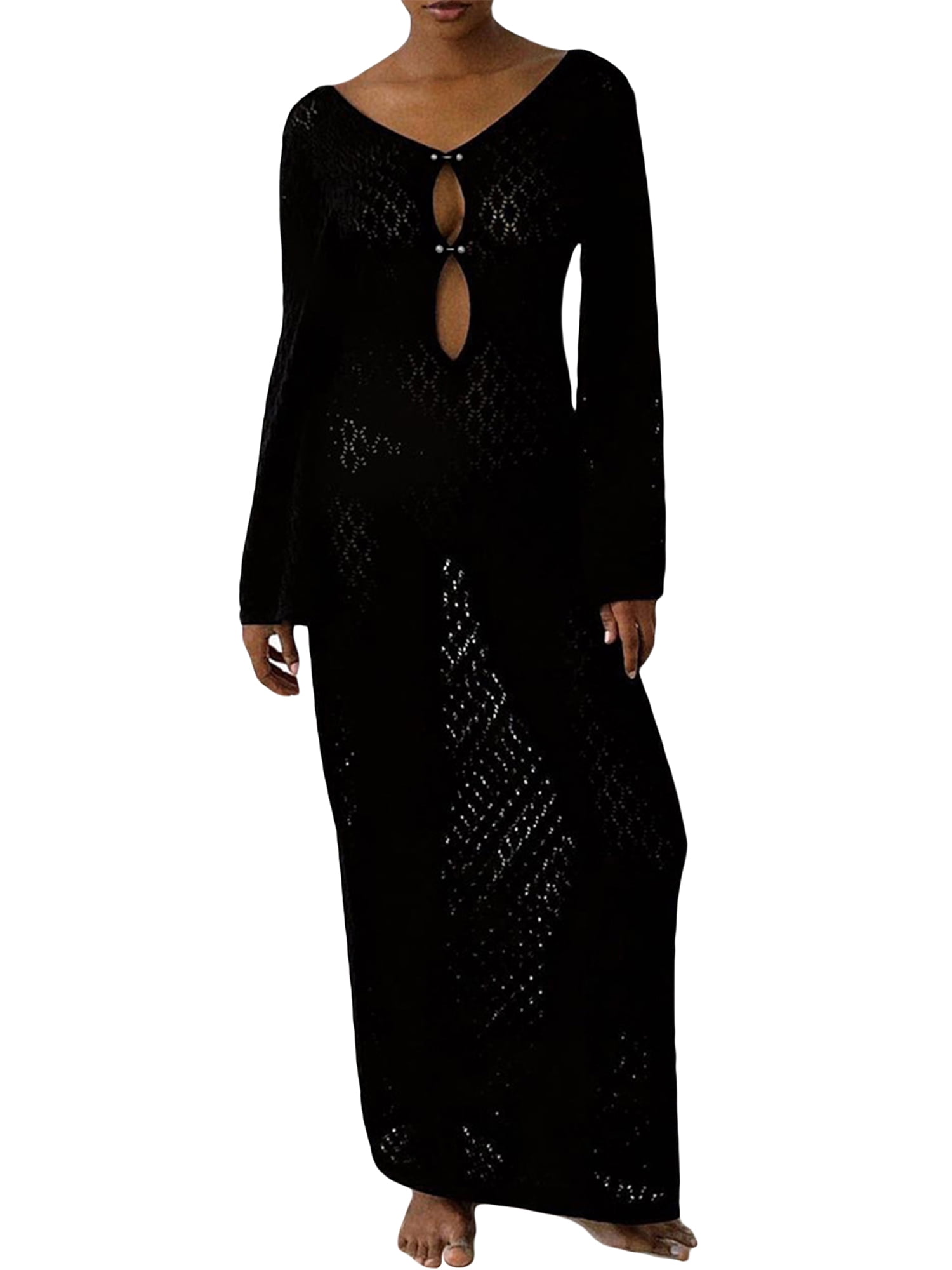 Women Crochet Long Dress Hollow-Out Deep V-Neck Long Sleeve Swimsuit ...
