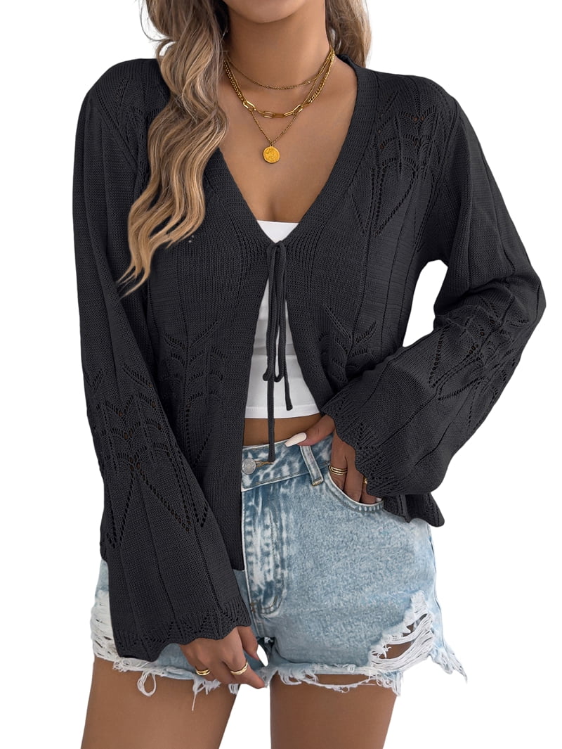 Women Crochet Long Sleeve Loose Casual Open Front Cardigan Drape ...