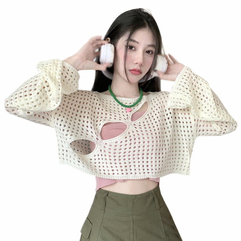Women Crochet Tops Long Sleeve Hollow Out Swim Cover Up Summer Knit ...