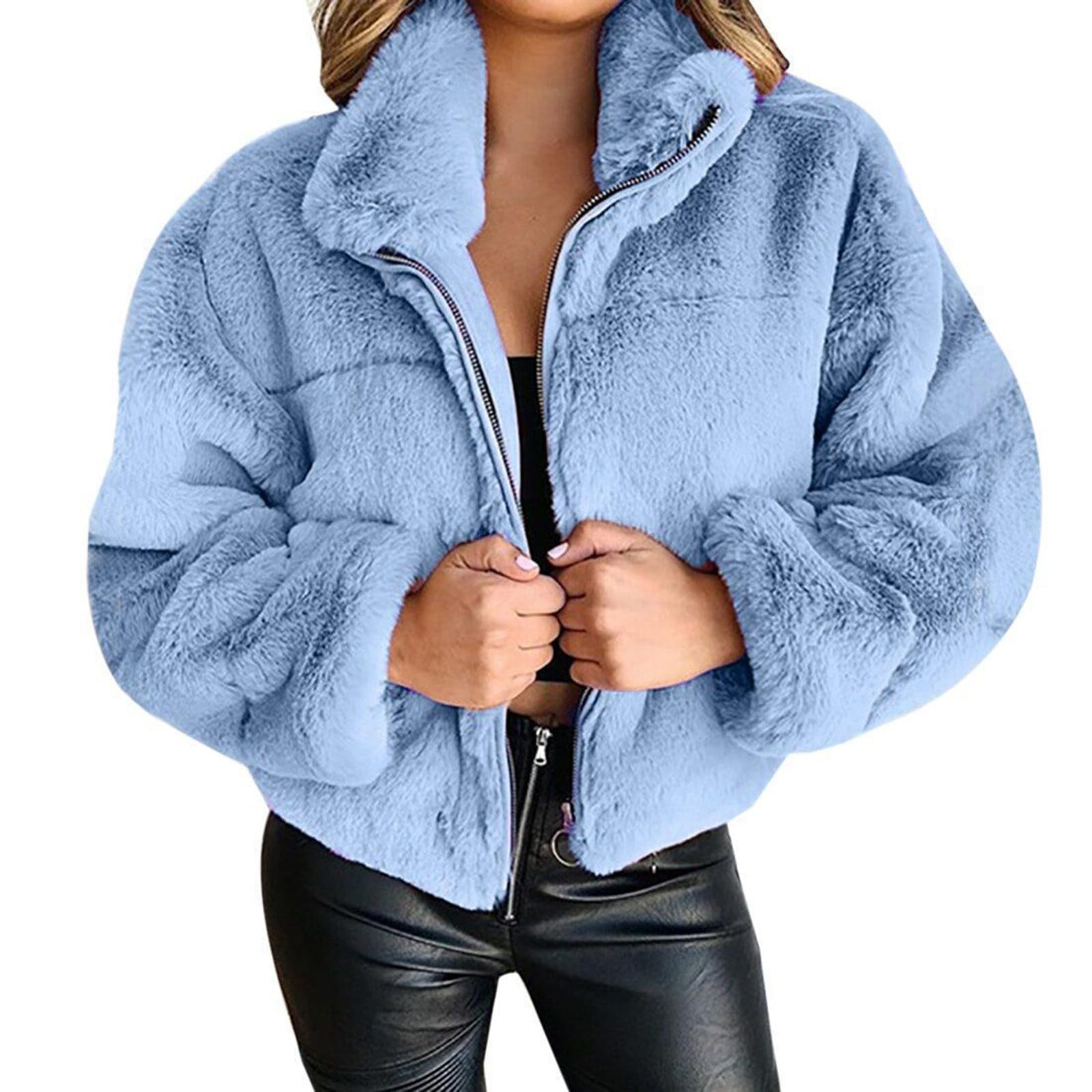 Women Crop Faux Fur Coat Lapel Full Zip Fluffy Parka Puffer Jackets ...