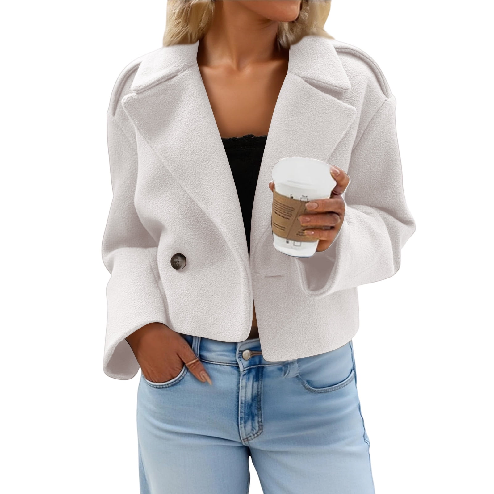 Women Crop Pea Coat Wool Blend Office Work Lapel Collar Short Winter ...