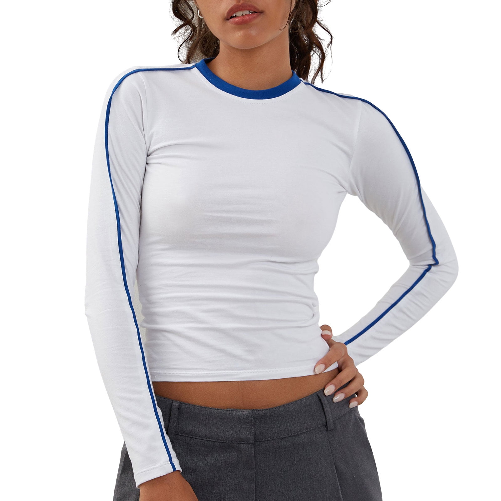 Women Crop Top Long Sleeve Aesthetic Slim Fit Patchwork Grunge Square ...