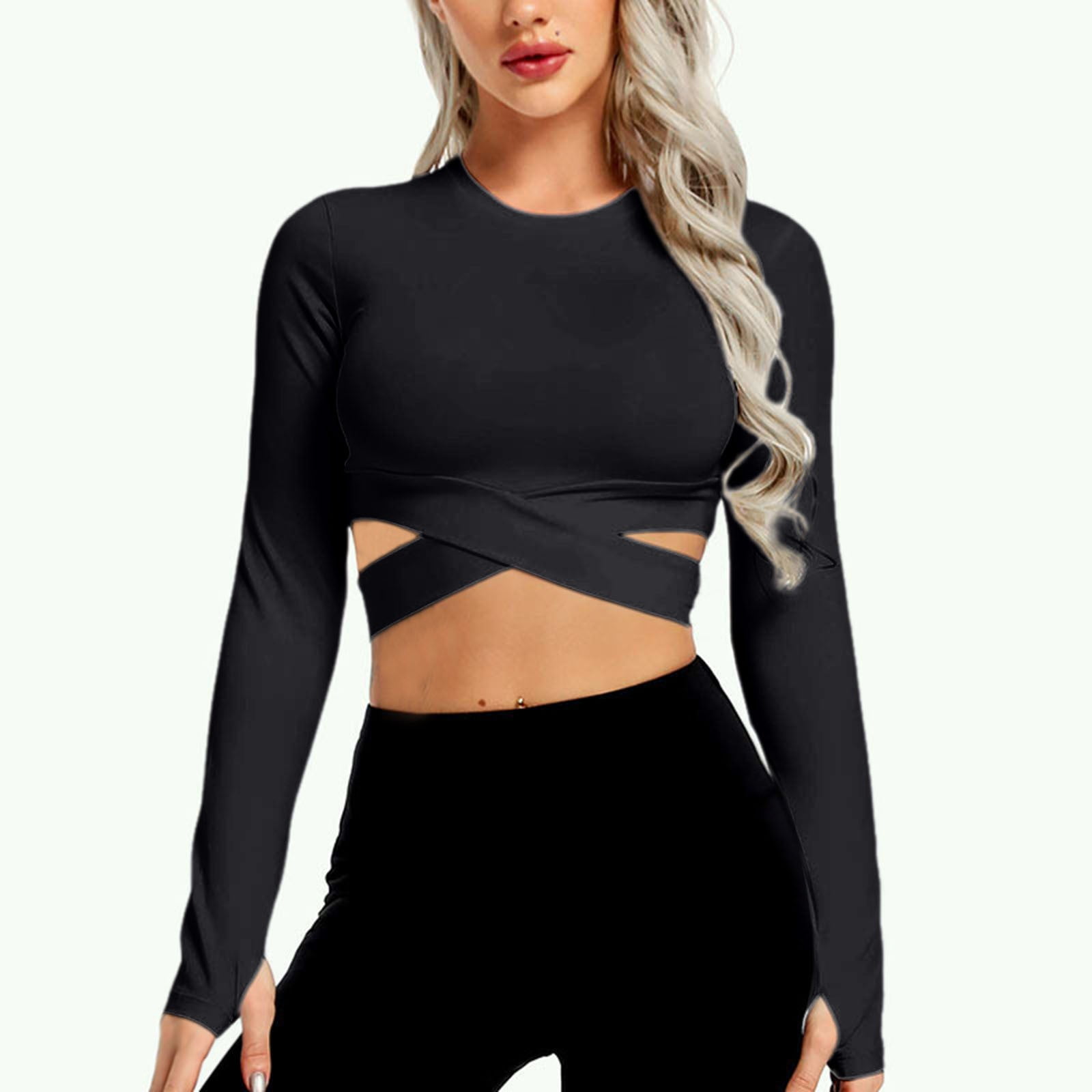 Women Crop Tops Tummy Long Sleeve Yoga Running Shirts Gym Workout Tank ...