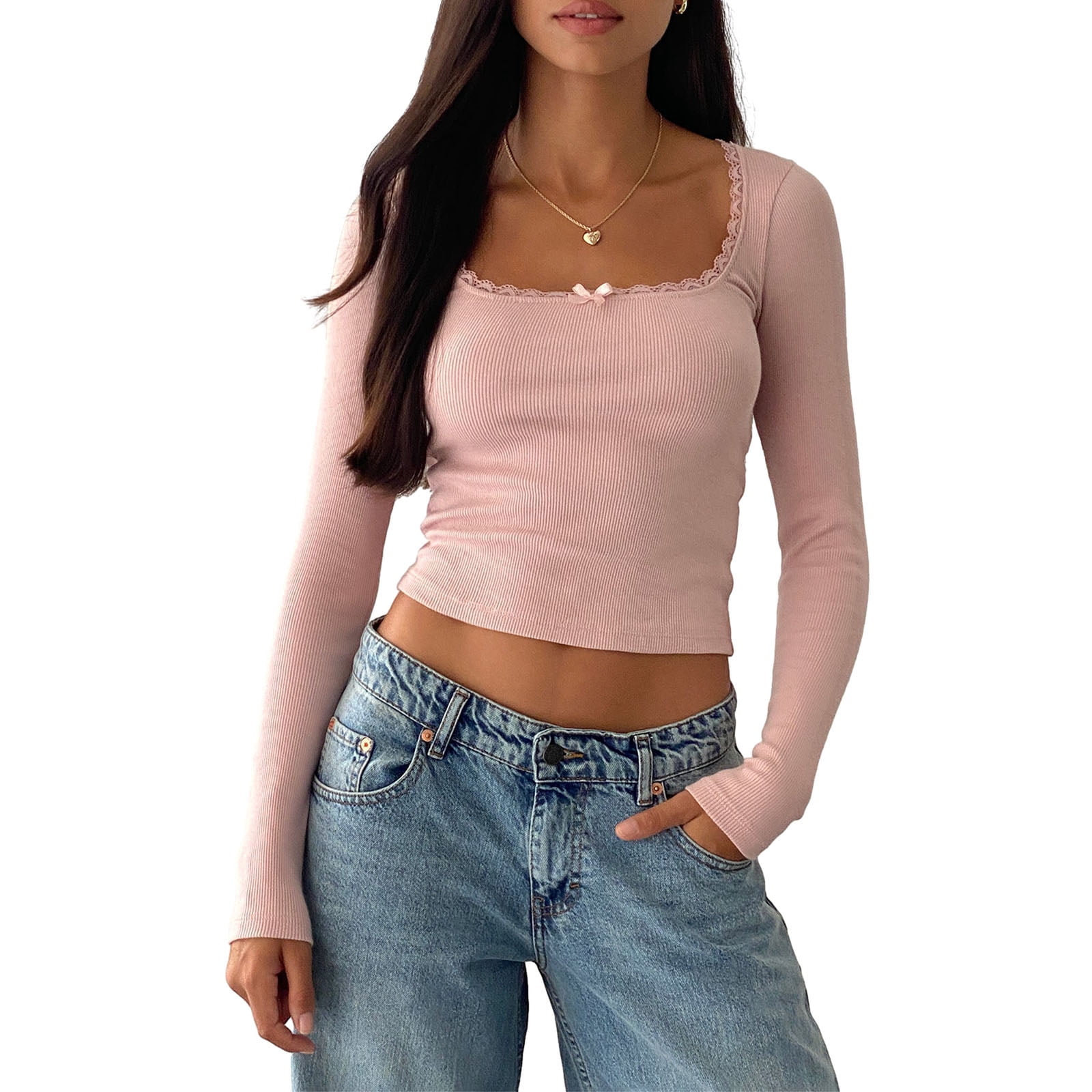 Women CropT-shirt Long Sleeve Square Neck Lace Patchwork Slim Fit Fall ...
