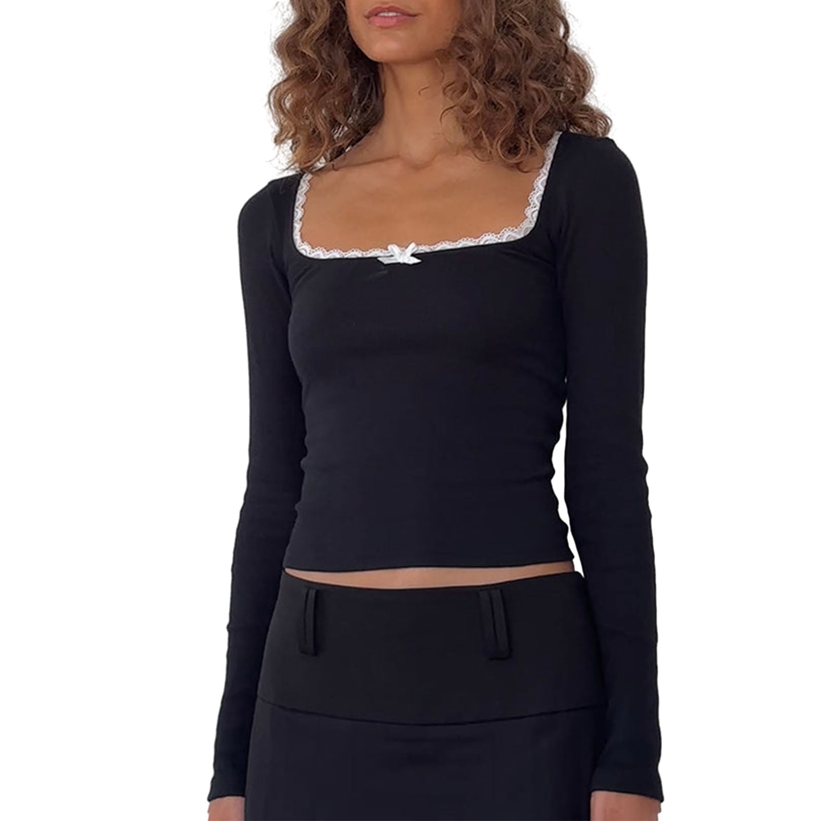 Women CropT-shirt Long Sleeve Square Neck Lace Patchwork Slim Fit Fall ...