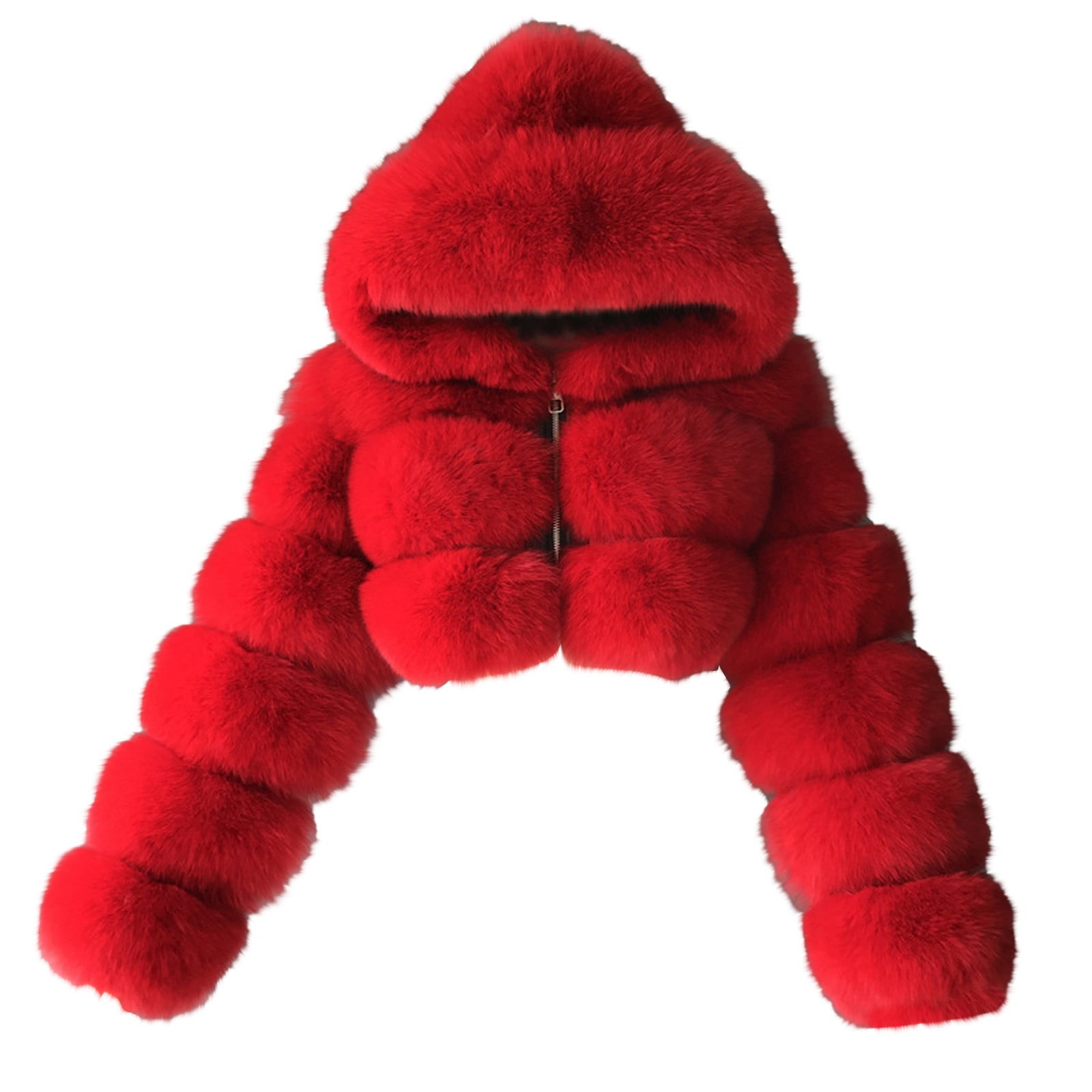 Women Cropped Faux Fur Coat Thicken Furry Hoodies Long Sleeve Soild Splicing Jacket Winter Warm ...